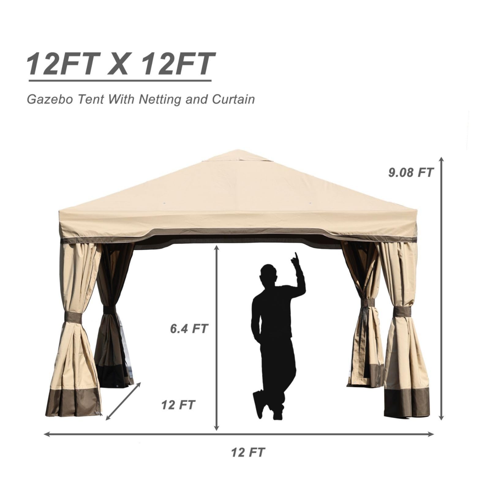 BPS 12x12 FT Outdoor Aluminum Gazebo with Privacy Curtains and Netting, Brown Canopy Shelter for Patio, Garden, Yard, Lawn