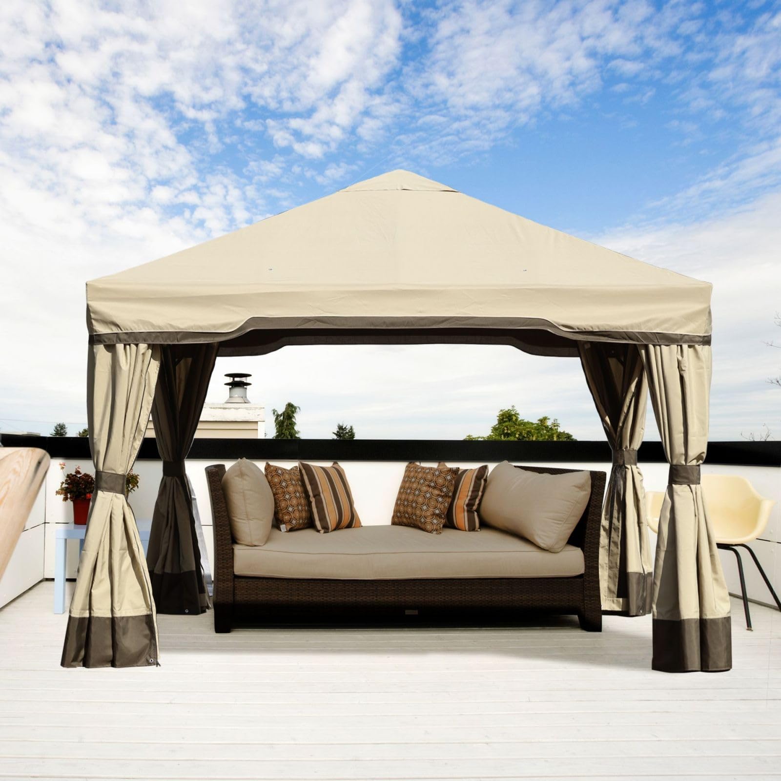 BPS 12x12 FT Outdoor Aluminum Gazebo with Privacy Curtains and Netting, Brown Canopy Shelter for Patio, Garden, Yard, Lawn