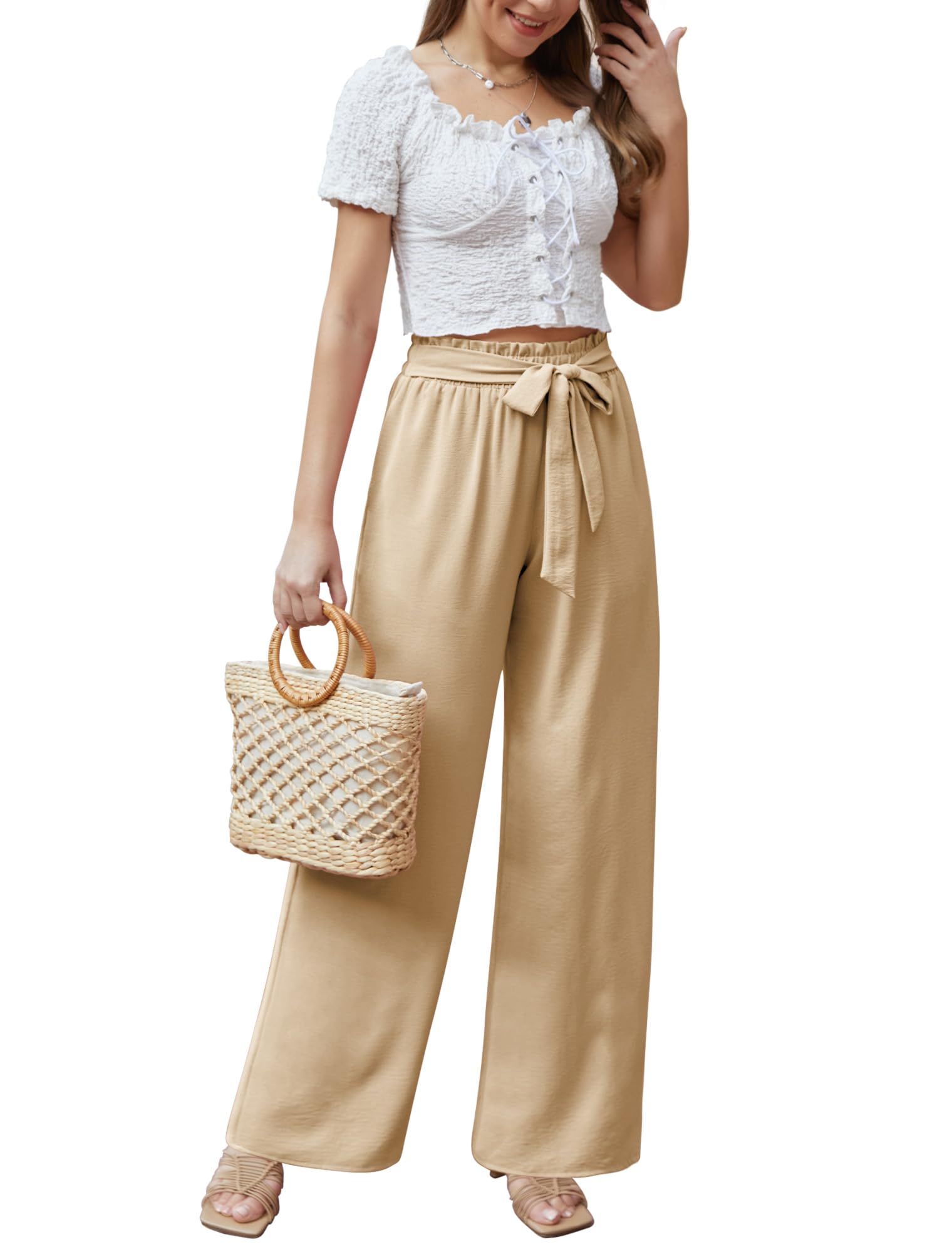 Feiersi Women Casual Wide Leg Pants High Waisted Business Work Casual Pants Loose Flowy Beach Palazzo Pants(Khaki,XX-Large)