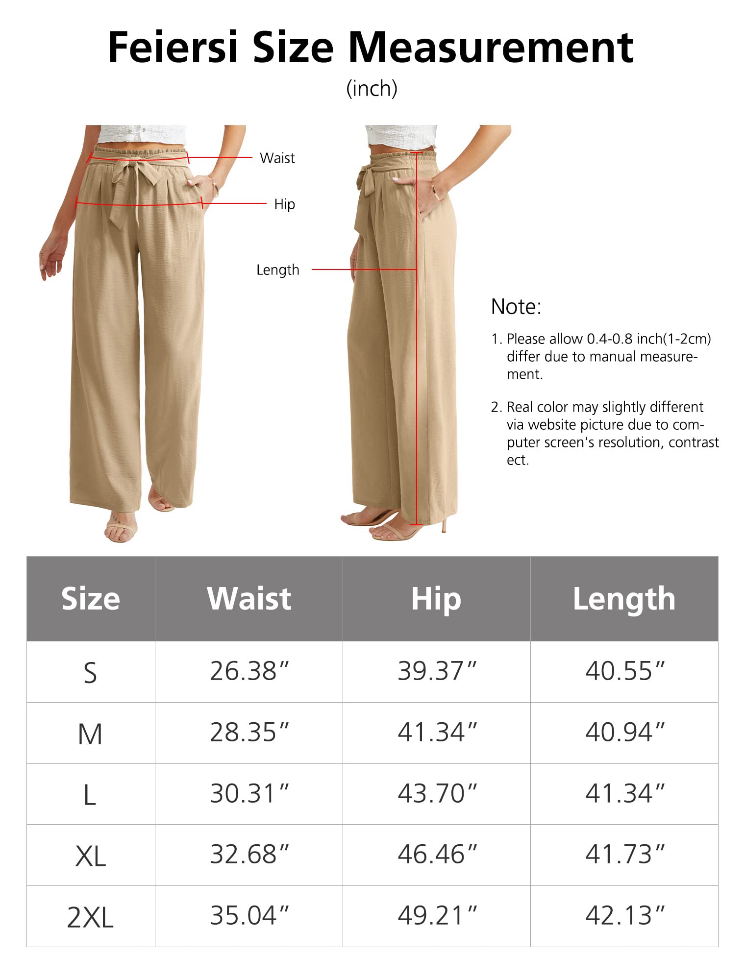 Feiersi Women Casual Wide Leg Pants High Waisted Business Work Casual Pants Loose Flowy Beach Palazzo Pants(Khaki,XX-Large)