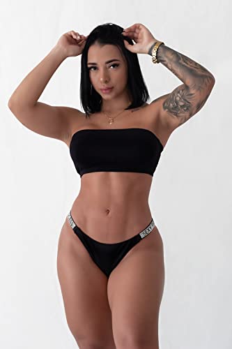 Underella Brazilian Sexy Thong Panties with Rhinestone Straps 3-Pack (Black + White + Animal Print, Medium)