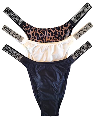 Underella Brazilian Sexy Thong Panties with Rhinestone Straps 3-Pack (Black + White + Animal Print, Medium)