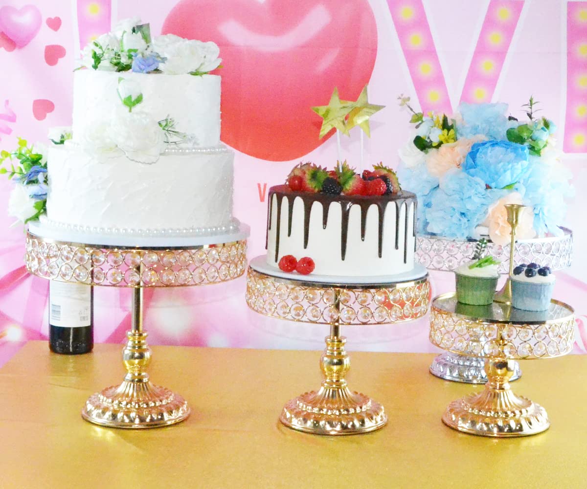 3PCS Cake Stand Set, Metal Round Cupcake Dessert Stand Cake Display Holder with Crystal Cookies Fruit Serving Tray Decor for Wedding Party Birthday (18K Gold)