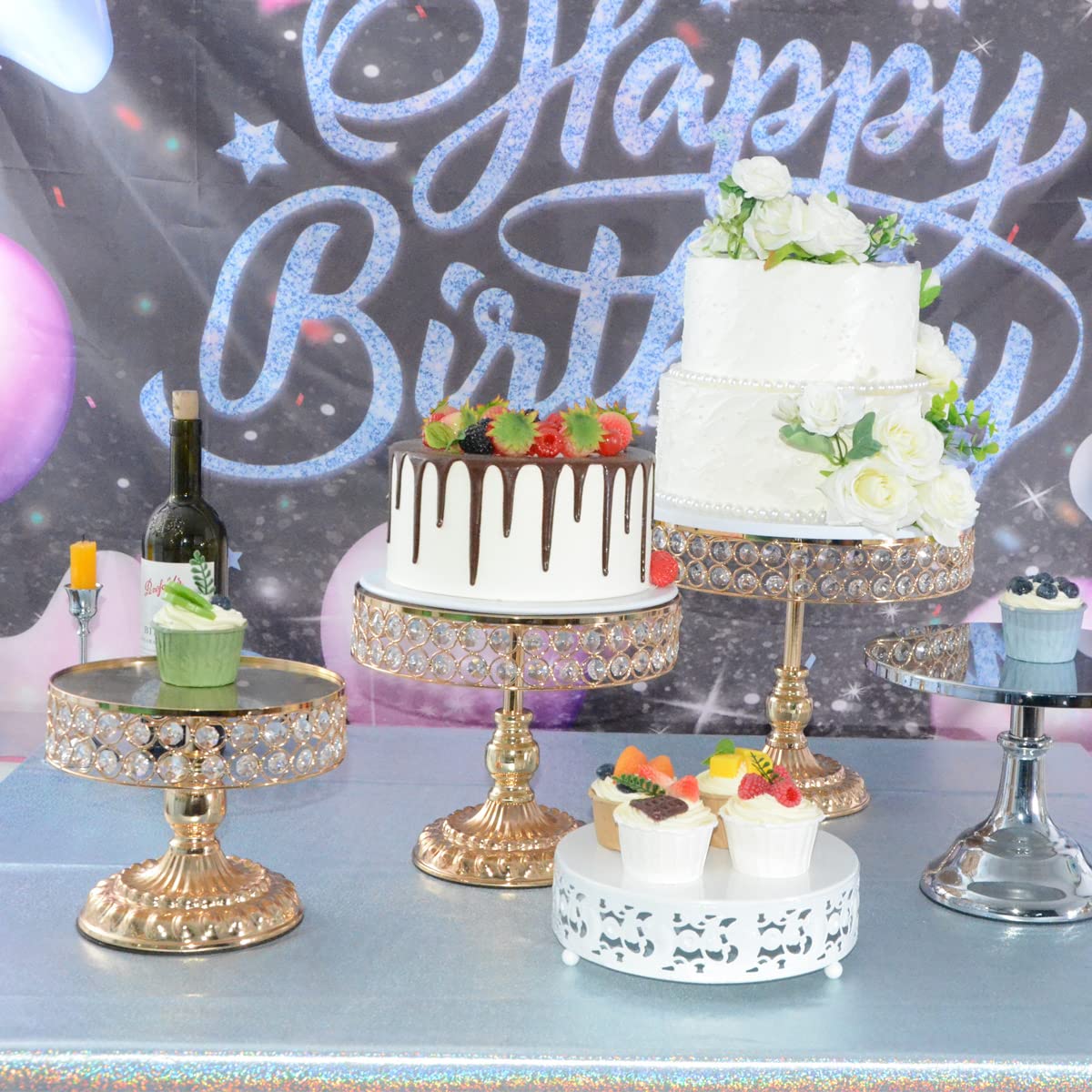 3PCS Cake Stand Set, Metal Round Cupcake Dessert Stand Cake Display Holder with Crystal Cookies Fruit Serving Tray Decor for Wedding Party Birthday (18K Gold)