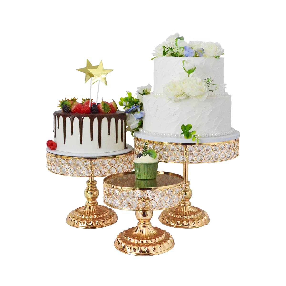 3PCS Cake Stand Set, Metal Round Cupcake Dessert Stand Cake Display Holder with Crystal Cookies Fruit Serving Tray Decor for Wedding Party Birthday (18K Gold)