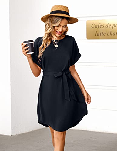 HOTOUCH Women's Summer Dress Short Sleeve Casual Tie Waist Tunic Dress Navy Blue