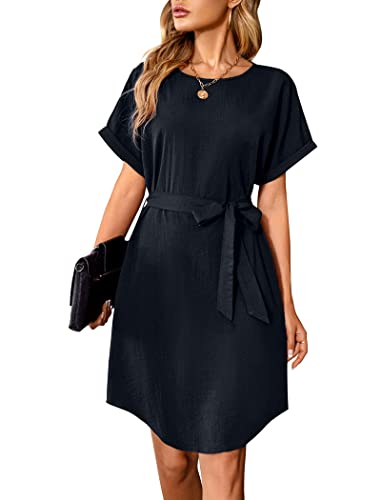 HOTOUCH Women's Summer Dress Short Sleeve Casual Tie Waist Tunic Dress Navy Blue