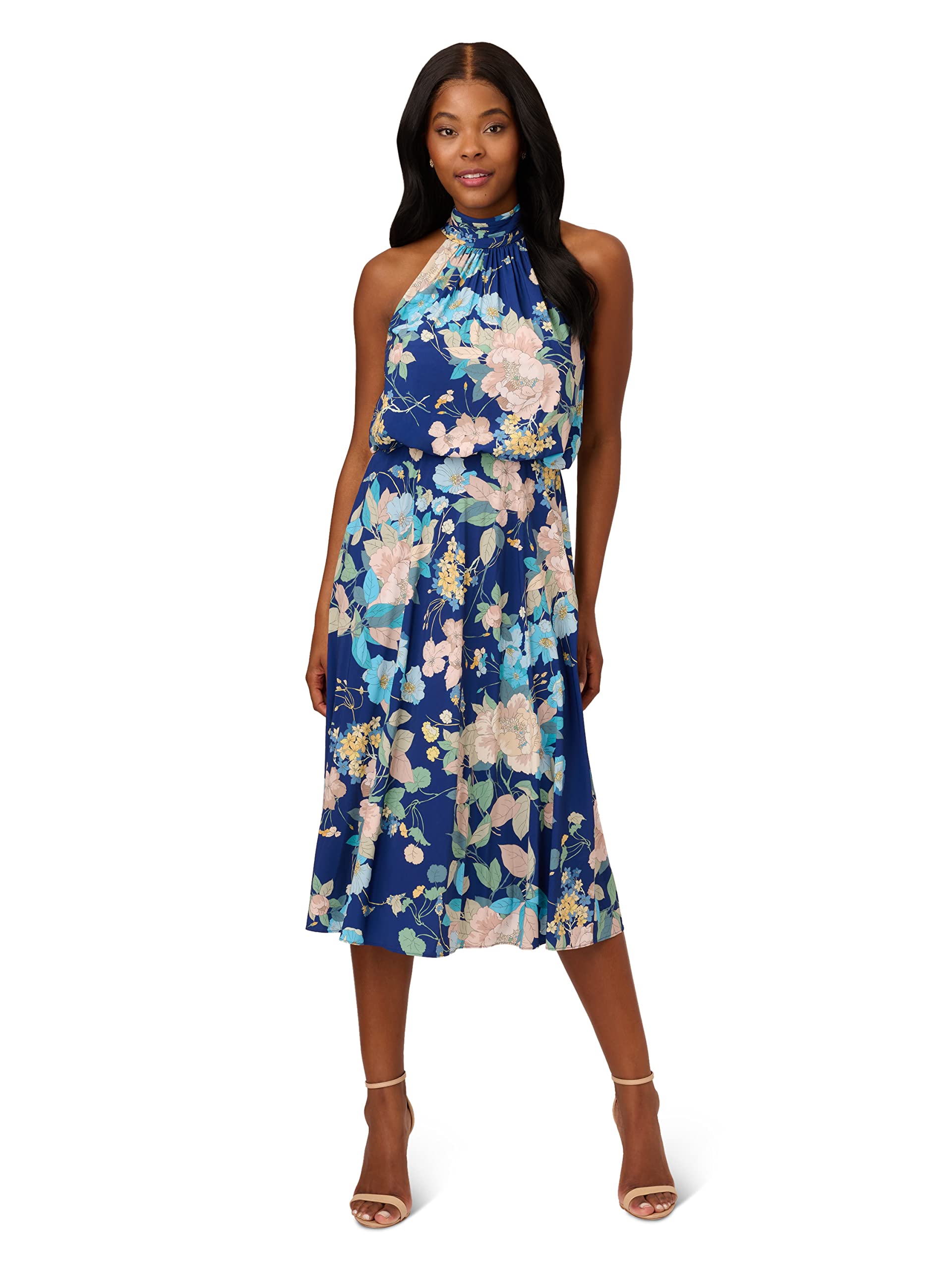 Adrianna Papell Women's Stretch Chiffon MIDI Dress, Blue Multi