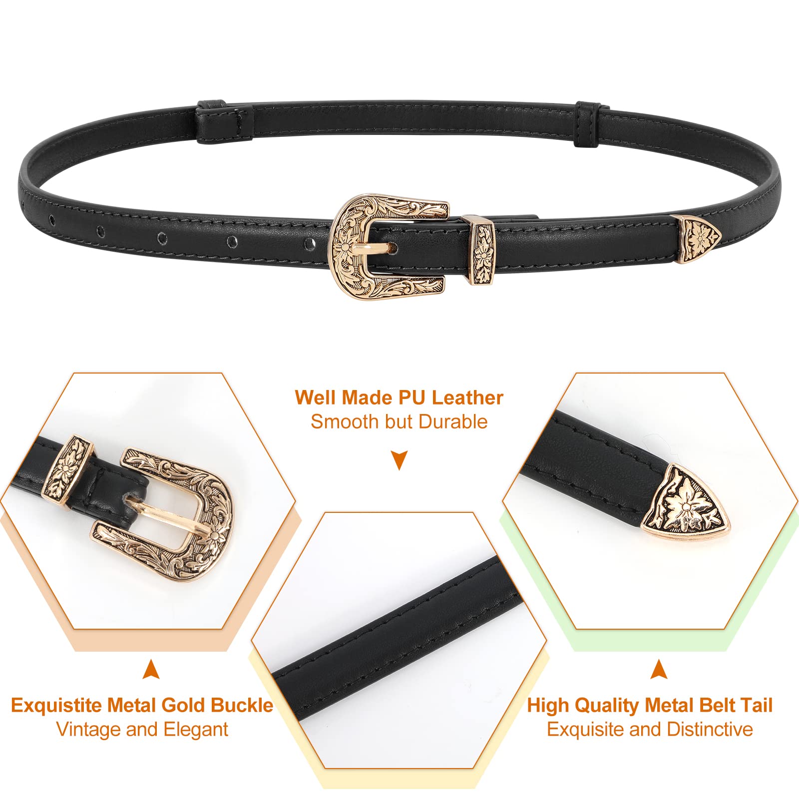 SUOSDEY Trendy Western Skinny Belts for Women Adjustable Leather Thin Waist Belt for Dresses with Vintage Buckle