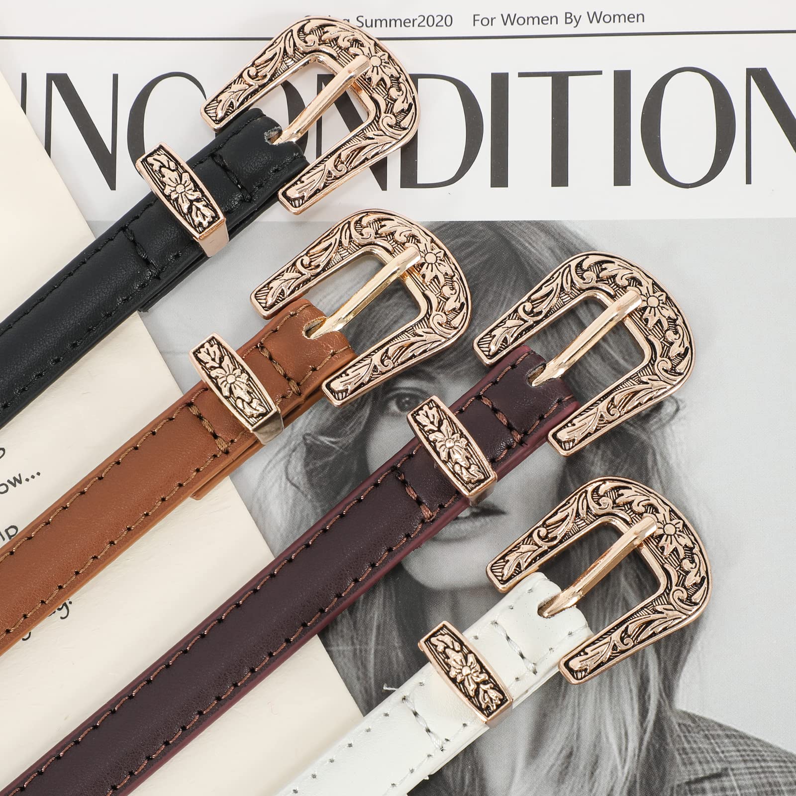 SUOSDEY Trendy Western Skinny Belts for Women Adjustable Leather Thin Waist Belt for Dresses with Vintage Buckle