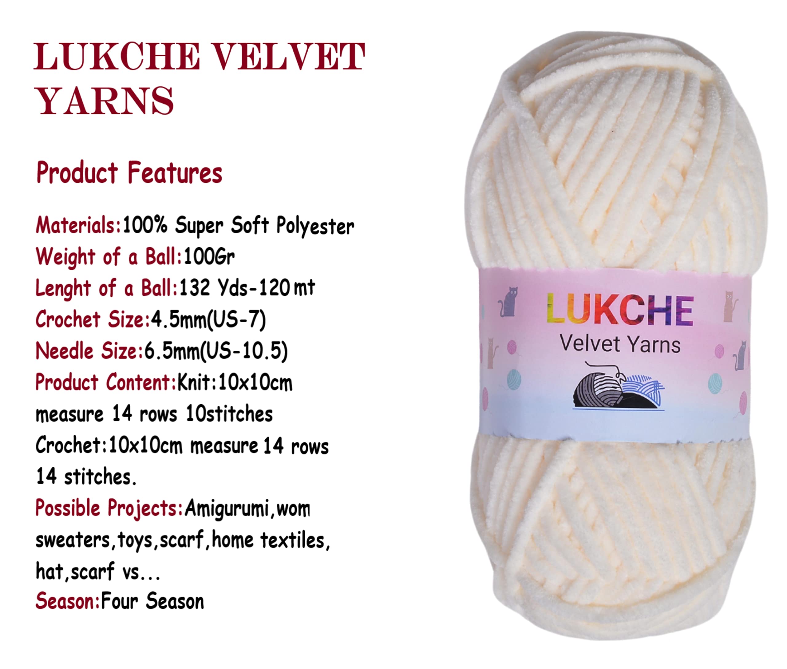 Lukche Super Soft Velvet Chenille Blanket Amigurumi Crochet Baby Blanket Knitting Yarn Super Bulky 3x100 gr (3x132 yds) Including Foldable Scissors (10002-Cream)