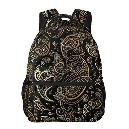 RIMENCH Boys Grils Rucksacks Back to School - Paisley Gold Black Bookbag School Daypack Backpack Travel Hiking Daypack, Gym Outdoor Hiking Bag Business Computer Bag