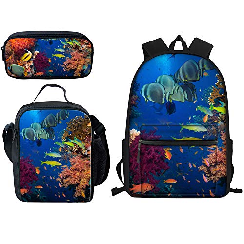 Kids Backpacks Set for School Underwater Marine Fish Children’s Book Bag with Lunch Bags and Pencil Case