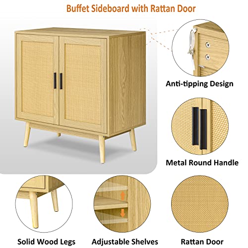 Mufico Buffet Sideboard Cabinet,Rattan Storage Cabinets with Door and Shelves, Accent Console Coffee Bar for Bar, Dining Room, Hallway, Cupboard Living Room