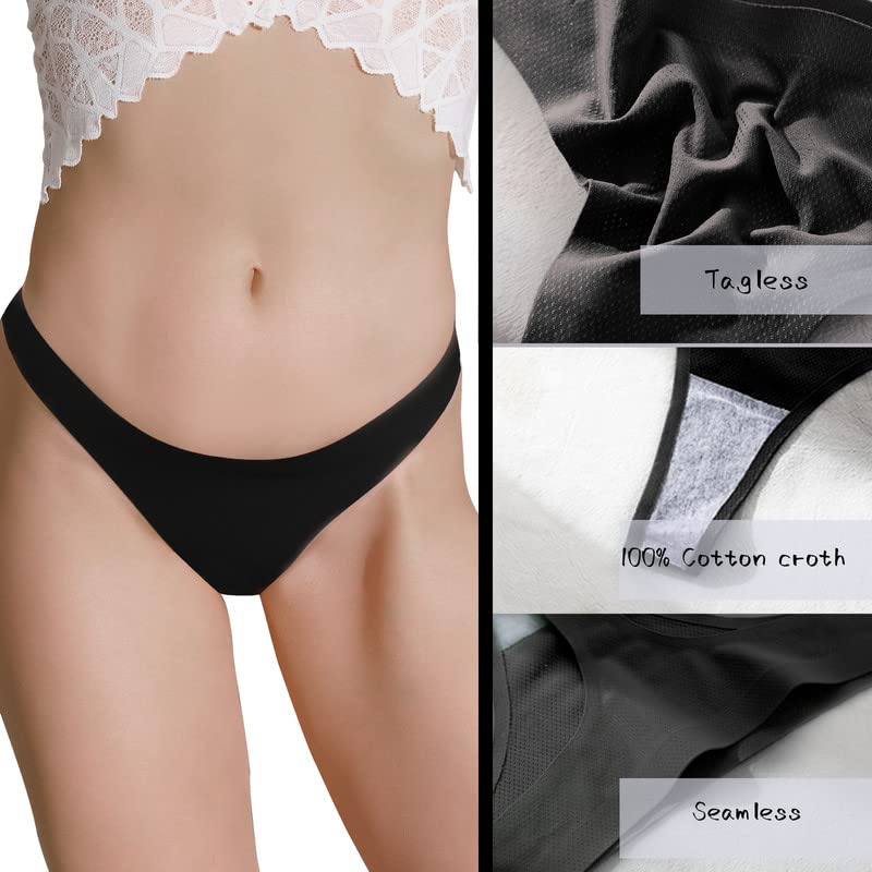 CINVIK Womens Thongs No Show Seamless Thong Underwear, Ice Silk Breathable & Cooling Assorted Hipster Tanga Packs, Size L