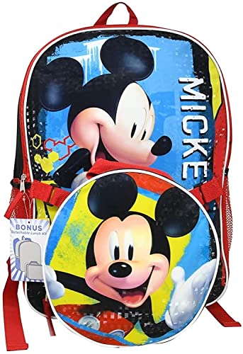 United Pacific Design Mickey Mouse Backpack with Lunch Bag - Disney School Backpack with Cute Graphic Drawing of Mickey Mouse, Spacious Travel Kids Backpack - 16 Inch