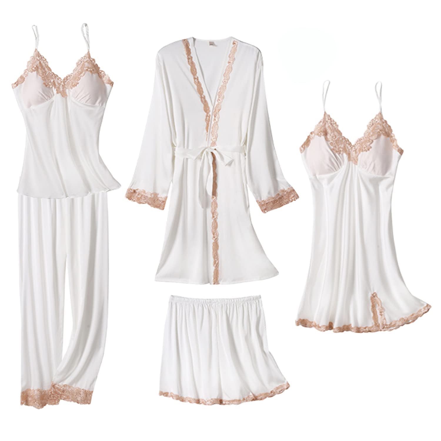 SAPJON Womens Pajama Sets 5PCS Silk Pajamas for Women Cute Sleepwear Loungewear Satin Pajamas Sets for Women Soft White