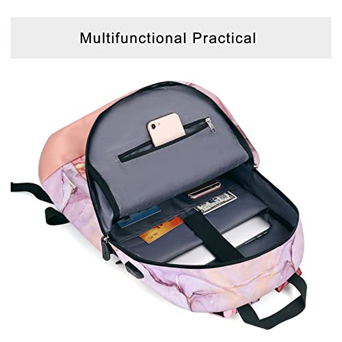 MOSISO 15.6-16 inch 20L Laptop Backpack for Women Girls, Polyester Anti-Theft Casual Daypack Bag with Luggage Strap&USB Charging Port, Travel Business College School Bookbag, Marble MO-MBH216, Pink