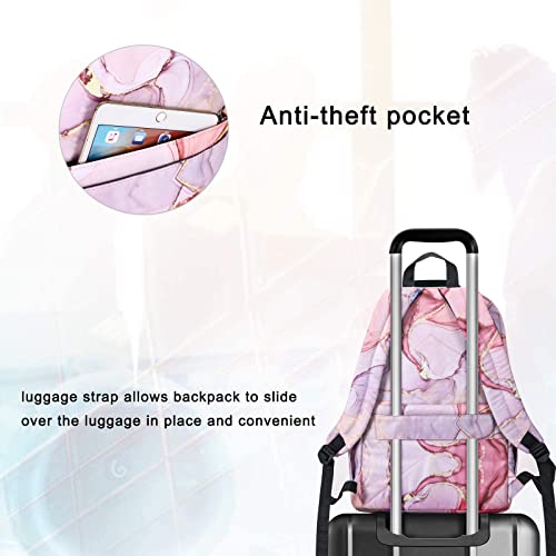 MOSISO 15.6-16 inch 20L Laptop Backpack for Women Girls, Polyester Anti-Theft Casual Daypack Bag with Luggage Strap&USB Charging Port, Travel Business College School Bookbag, Marble MO-MBH216, Pink