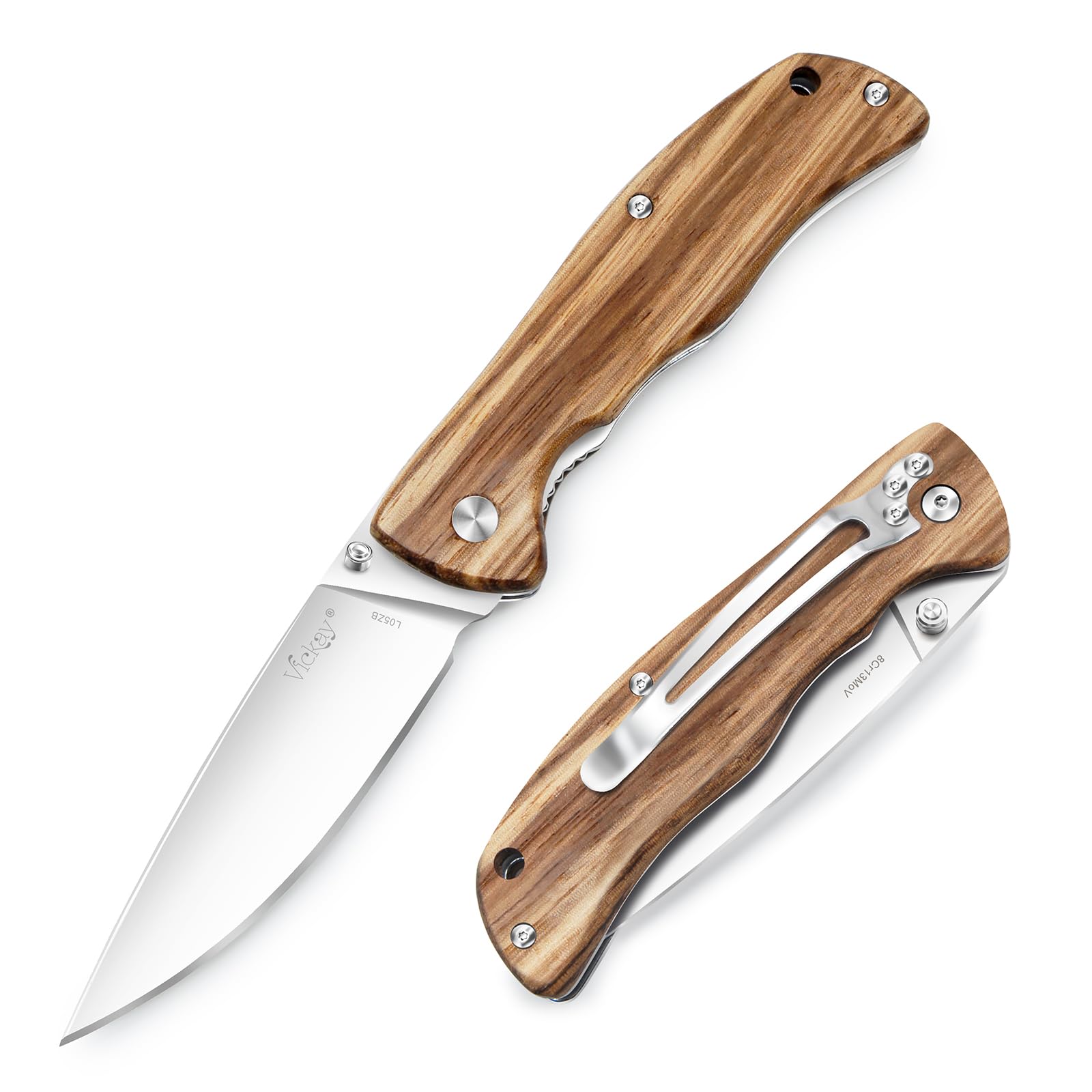 Vickay Pocket Knife for Men, Folding Knife with Clip, 3.74" 8Cr13MoV Steel Blade, Wood Handle EDC Knife for Outdoor Camping,Tactical, Hunting and Fishing Gift (Zebrawood)