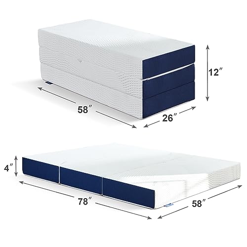 Iyee Nature Folding Mattress, 4 inch Tri-Fold Memory Foam Mattress, Foldable Mattress with Bamboo Cover for Camping, Guest - Queen Size, 78" x 58" x 4"
