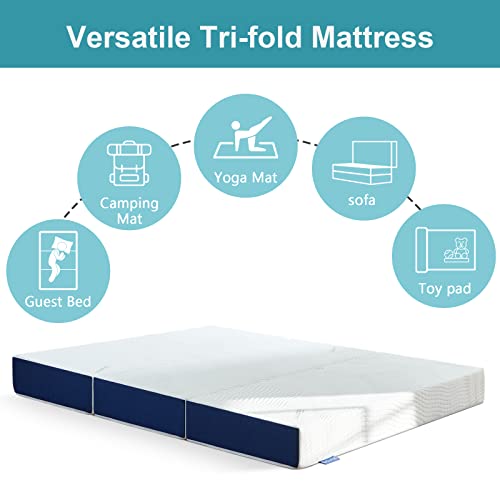 Iyee Nature Folding Mattress, 4 inch Tri-Fold Memory Foam Mattress, Foldable Mattress with Bamboo Cover for Camping, Guest - Queen Size, 78" x 58" x 4"