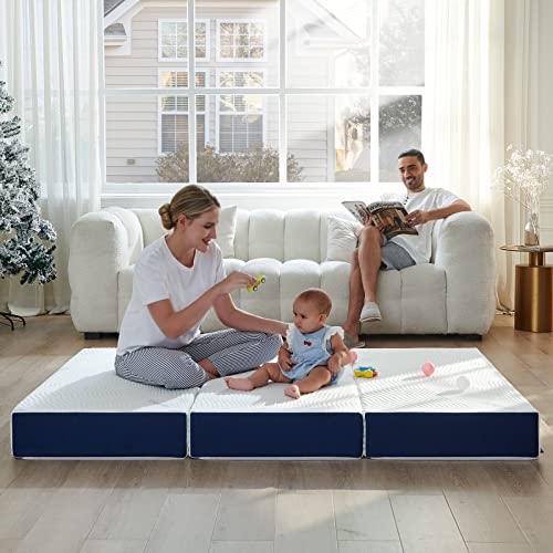 Iyee Nature Folding Mattress, 4 inch Tri-Fold Memory Foam Mattress, Foldable Mattress with Bamboo Cover for Camping, Guest - Queen Size, 78" x 58" x 4"