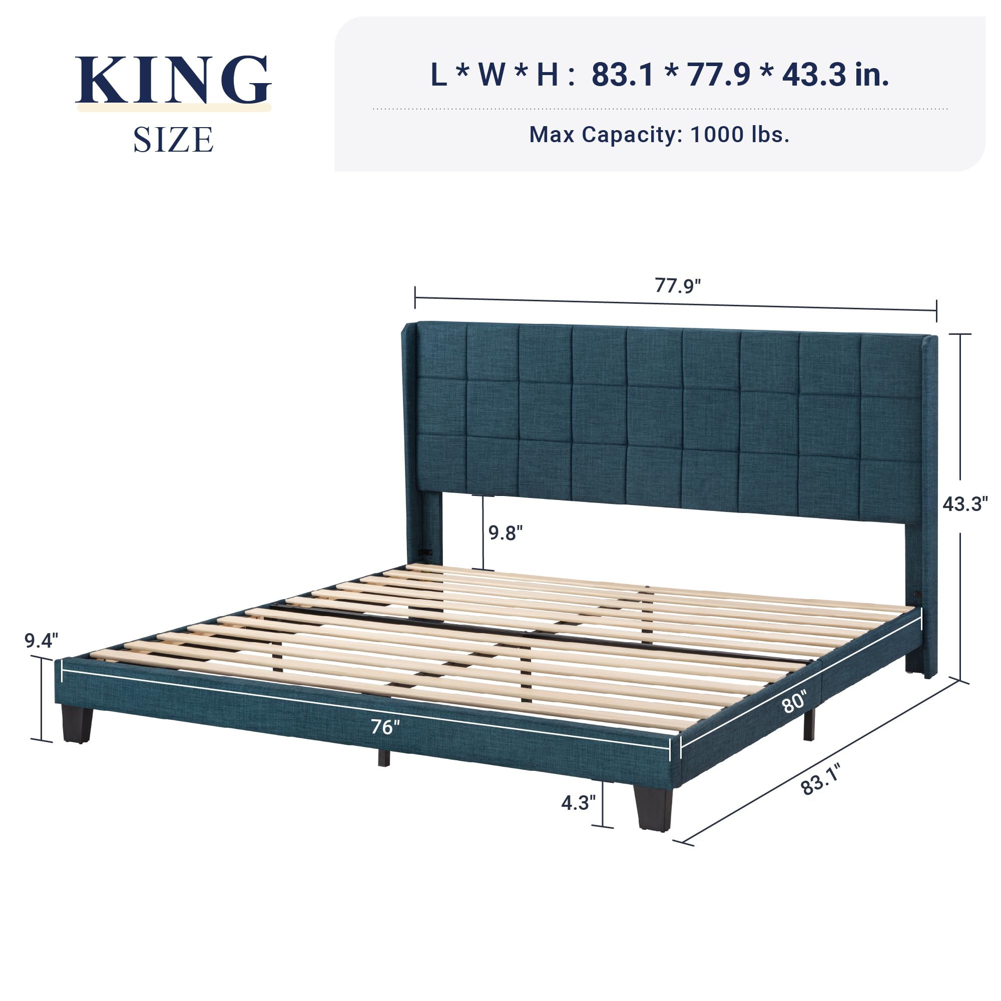 Allewie King Size Platform Bed Frame with Wingback, Upholstered Square Stitched Headboard and Wooden Slats, Mattress Foundation, Box Spring Optional, Easy Assembly, Dark Blue