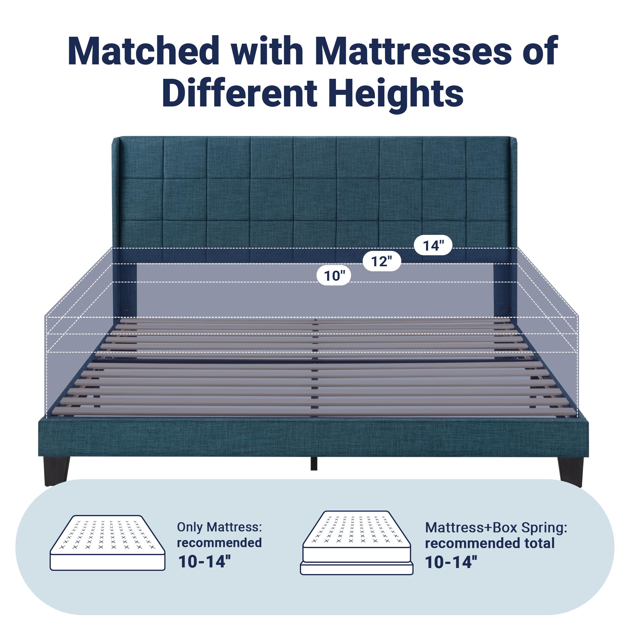 Allewie King Size Platform Bed Frame with Wingback, Upholstered Square Stitched Headboard and Wooden Slats, Mattress Foundation, Box Spring Optional, Easy Assembly, Dark Blue
