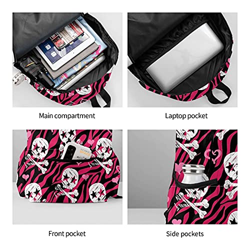 KiuLoam 17 Inch Backpack Pink Zebra Star Skull Laptop Backpack Shoulder Bag School Bookbag Casual Daypack