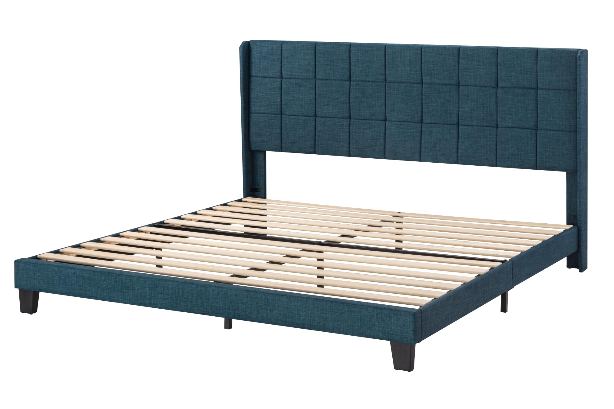 Allewie King Size Platform Bed Frame with Wingback, Upholstered Square Stitched Headboard and Wooden Slats, Mattress Foundation, Box Spring Optional, Easy Assembly, Dark Blue