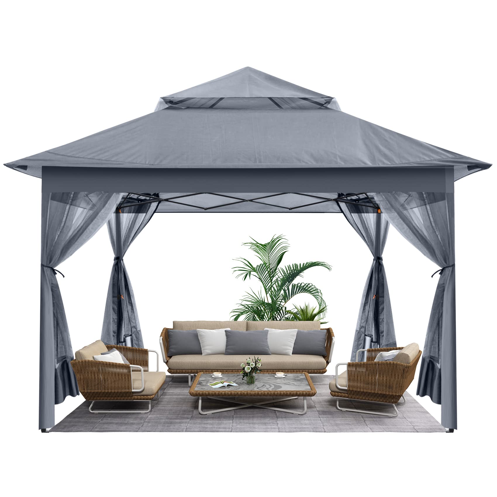 Gazebo, CBBPET 13'x 13' Pop Up Gazebo with Mosquito Netting, Outdoor Gazebo Canopy with Double Roof Tops and 169 Square Feet of Shade for Patio, Group Gatherings, Camping Shelter (Gray)