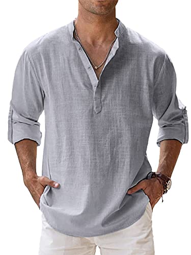 BEILU Men's Linen Henley Shirts Long Sleeve Hippie Lightweight Casual Beach T Shirt Grey X-Small