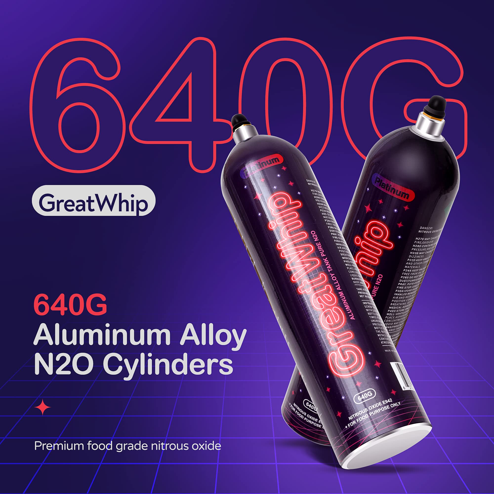 GreatWhip 640g Whipped Cream Chargers Cylinders Aluminum Construction Lightest Whip Cream Tank Cartridge (12 Cylinders)