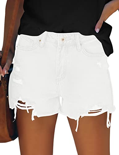 GRAPENT Women's Casual High Waisted Ripped Stretchy Denim Cut Off Hot Short Summer Jean Shorts Brilliant White Color Size Large Size 12 Size 14