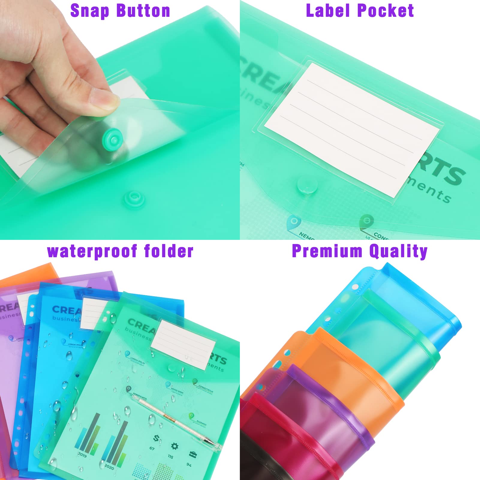 NatureTouch 12Pcs Binder Pocket, Clear Binder Organizer File Folders for 3 Ring, A4 / Letter Size Poly Document Envelopes Pouch with Snap Closure & Label for School Office Supplies,Matte&Solid