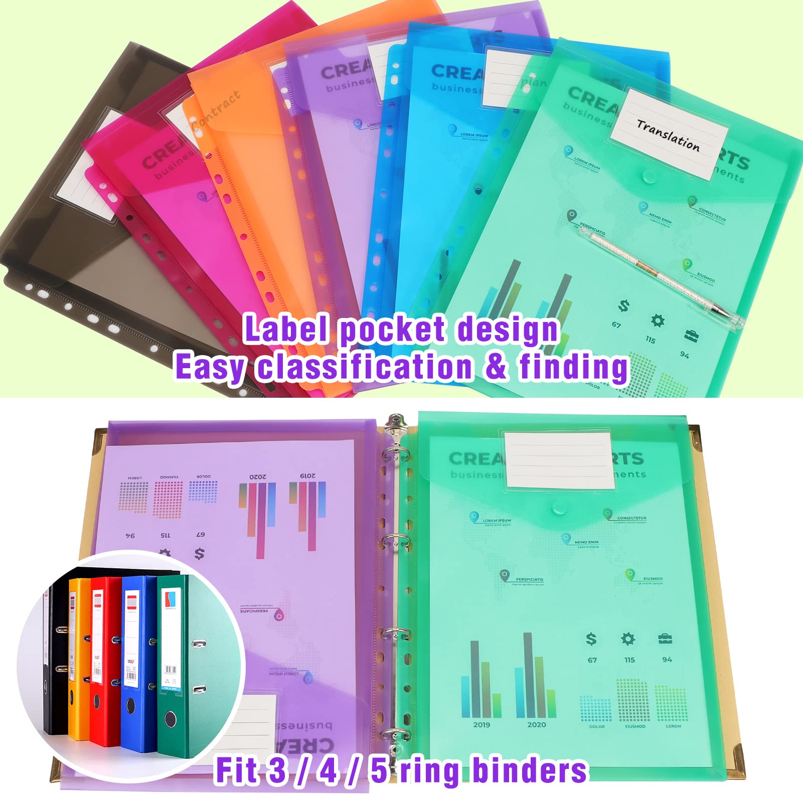 NatureTouch 12Pcs Binder Pocket, Clear Binder Organizer File Folders for 3 Ring, A4 / Letter Size Poly Document Envelopes Pouch with Snap Closure & Label for School Office Supplies,Matte&Solid