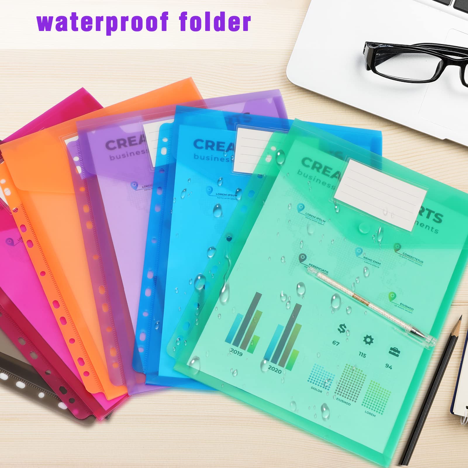 NatureTouch 12Pcs Binder Pocket, Clear Binder Organizer File Folders for 3 Ring, A4 / Letter Size Poly Document Envelopes Pouch with Snap Closure & Label for School Office Supplies,Matte&Solid
