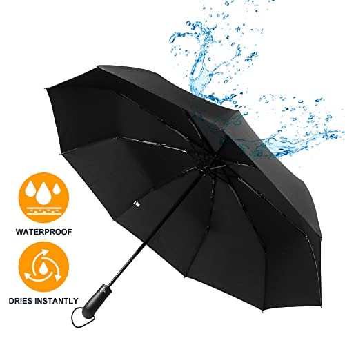Hannstar Folding Travel Umbrella, Windproof Strong and Portable - Wind Resistant, Compact Durable Umbrella, Auto Open/Close, Lightweight Backpack Umbrella (Black)