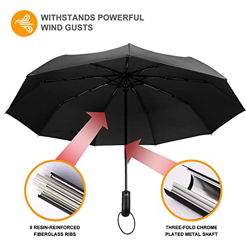 Hannstar Folding Travel Umbrella, Windproof Strong and Portable - Wind Resistant, Compact Durable Umbrella, Auto Open/Close, Lightweight Backpack Umbrella (Black)