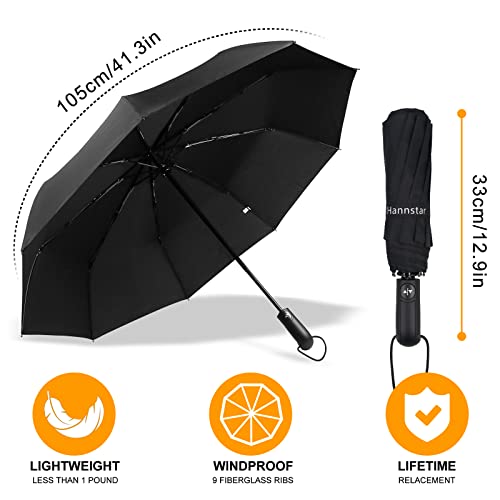 Hannstar Folding Travel Umbrella, Windproof Strong and Portable - Wind Resistant, Compact Durable Umbrella, Auto Open/Close, Lightweight Backpack Umbrella (Black)