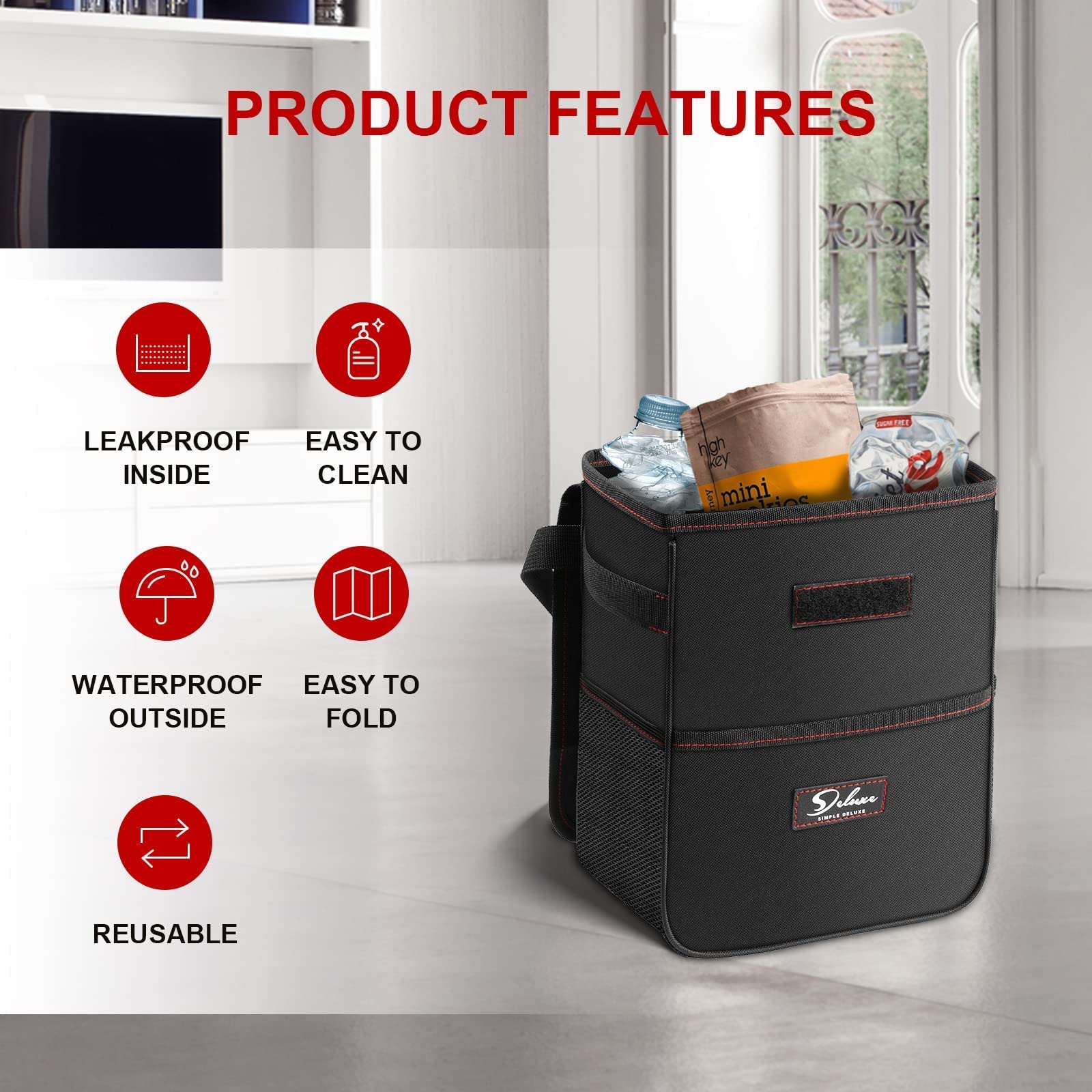 Simple Deluxe Car Trash Can with Lid and Storage Pocket, Leak-Proof Car Garbage Can with Adjustable Strap, Collapsible Portable and Waterproof Trash Bag, 2 Gallon, 8.2" L x 5.5" W x 10.2" H, Black