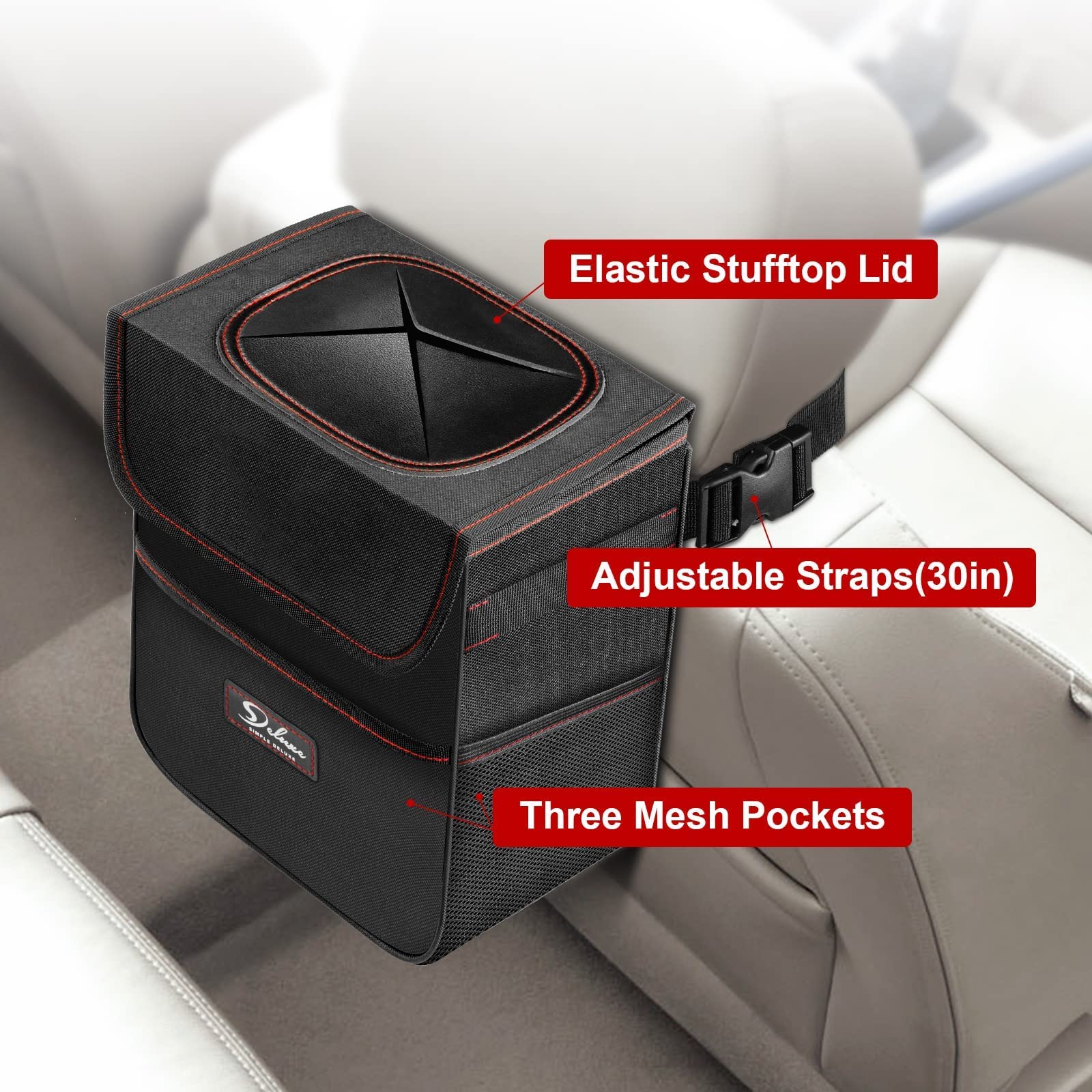 Simple Deluxe Car Trash Can with Lid and Storage Pocket, Leak-Proof Car Garbage Can with Adjustable Strap, Collapsible Portable and Waterproof Trash Bag, 2 Gallon, 8.2" L x 5.5" W x 10.2" H, Black