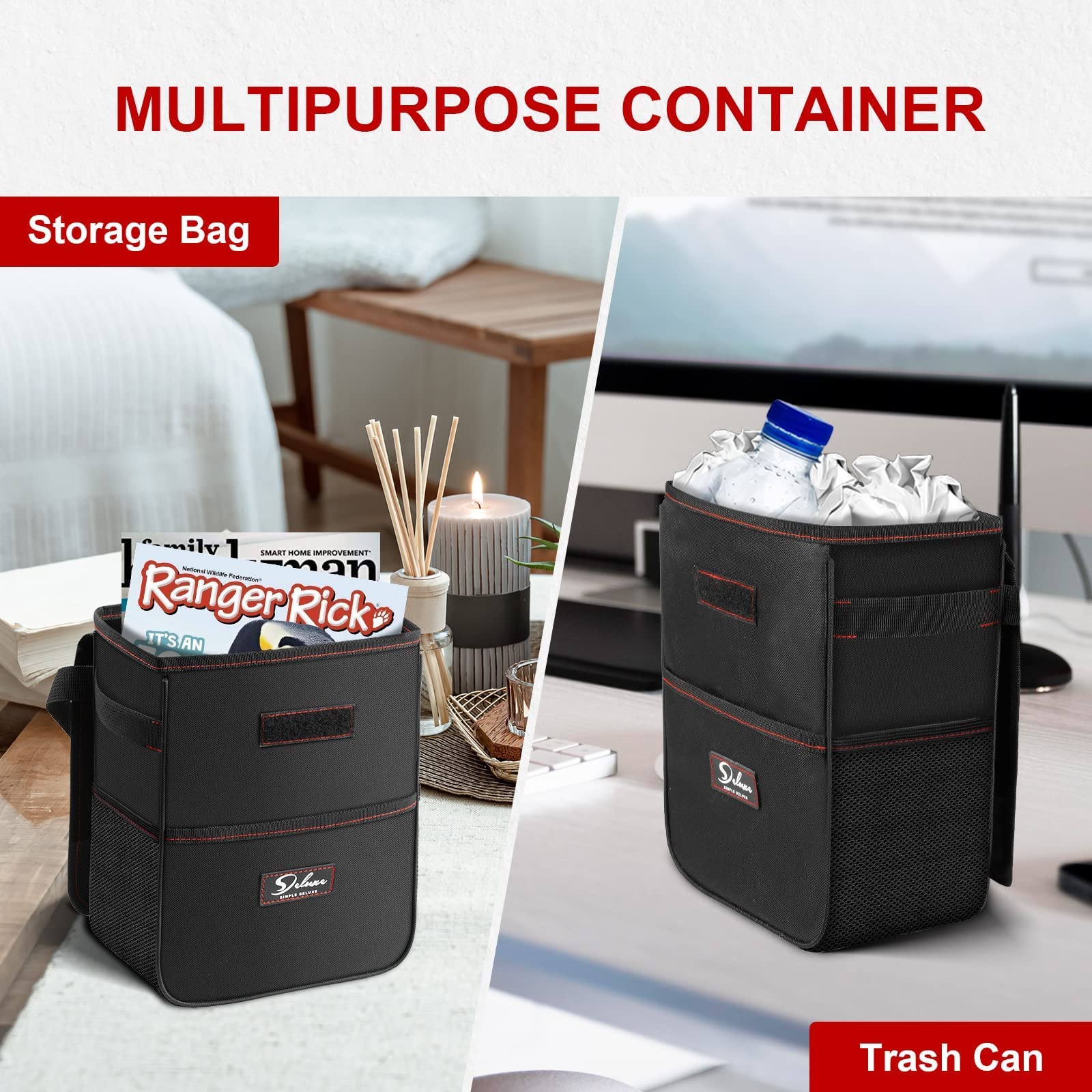 Simple Deluxe Car Trash Can with Lid and Storage Pocket, Leak-Proof Car Garbage Can with Adjustable Strap, Collapsible Portable and Waterproof Trash Bag, 2 Gallon, 8.2" L x 5.5" W x 10.2" H, Black