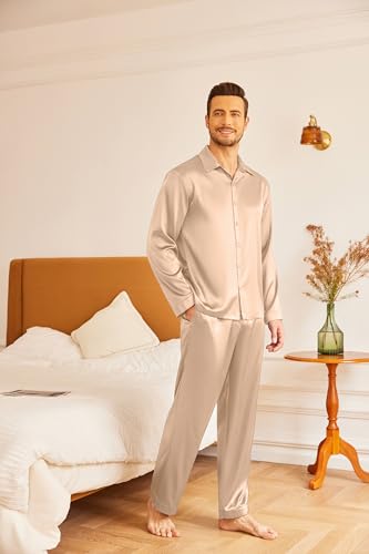 Ekouaer Mens Silk Pajama Set Long Sleeve Button Down Shirts Pjs Pants Set Satin Sleepwear Loungewear Set with Pockets Champagne L