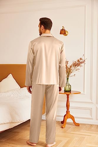 Ekouaer Mens Silk Pajama Set Long Sleeve Button Down Shirts Pjs Pants Set Satin Sleepwear Loungewear Set with Pockets Champagne L