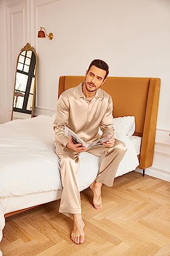 Ekouaer Mens Silk Pajama Set Long Sleeve Button Down Shirts Pjs Pants Set Satin Sleepwear Loungewear Set with Pockets Champagne L