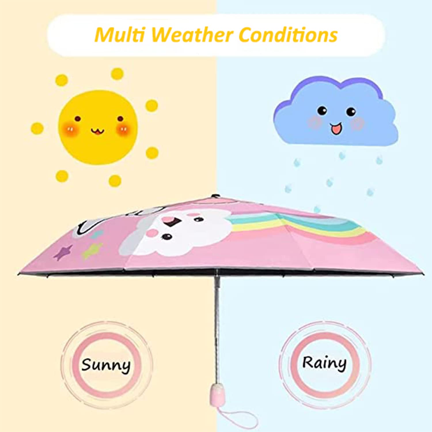 Hannstar Automatic Kids Umbrella, Folding Telescopic Toddler Umbrella for girls & boys, UV/Sun Protection - Strong and Portable - Compact, Durable, Lightweight Cute Kitty Brolly