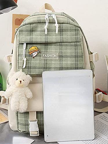 ZHHUIZ 5 Pcs Kawaii Backpack Set with Pins Plush Bear Pendant, Aesthetic Plaid Shoulder Bag School Bag Purse Back to School Supplies (Green), One Size