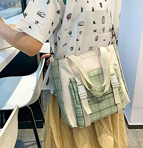 ZHHUIZ 5 Pcs Kawaii Backpack Set with Pins Plush Bear Pendant, Aesthetic Plaid Shoulder Bag School Bag Purse Back to School Supplies (Green), One Size